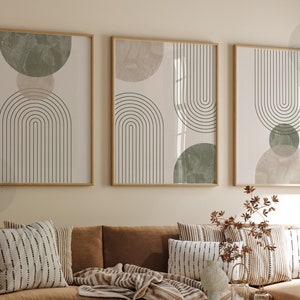Green and Beige Mid Century Modern Geometric Art Set of 3 Prints, Boho ...