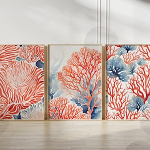 Watercolor Coral Print Set of 3, Coastal Wall Art, Ocean Navy Blue and ...