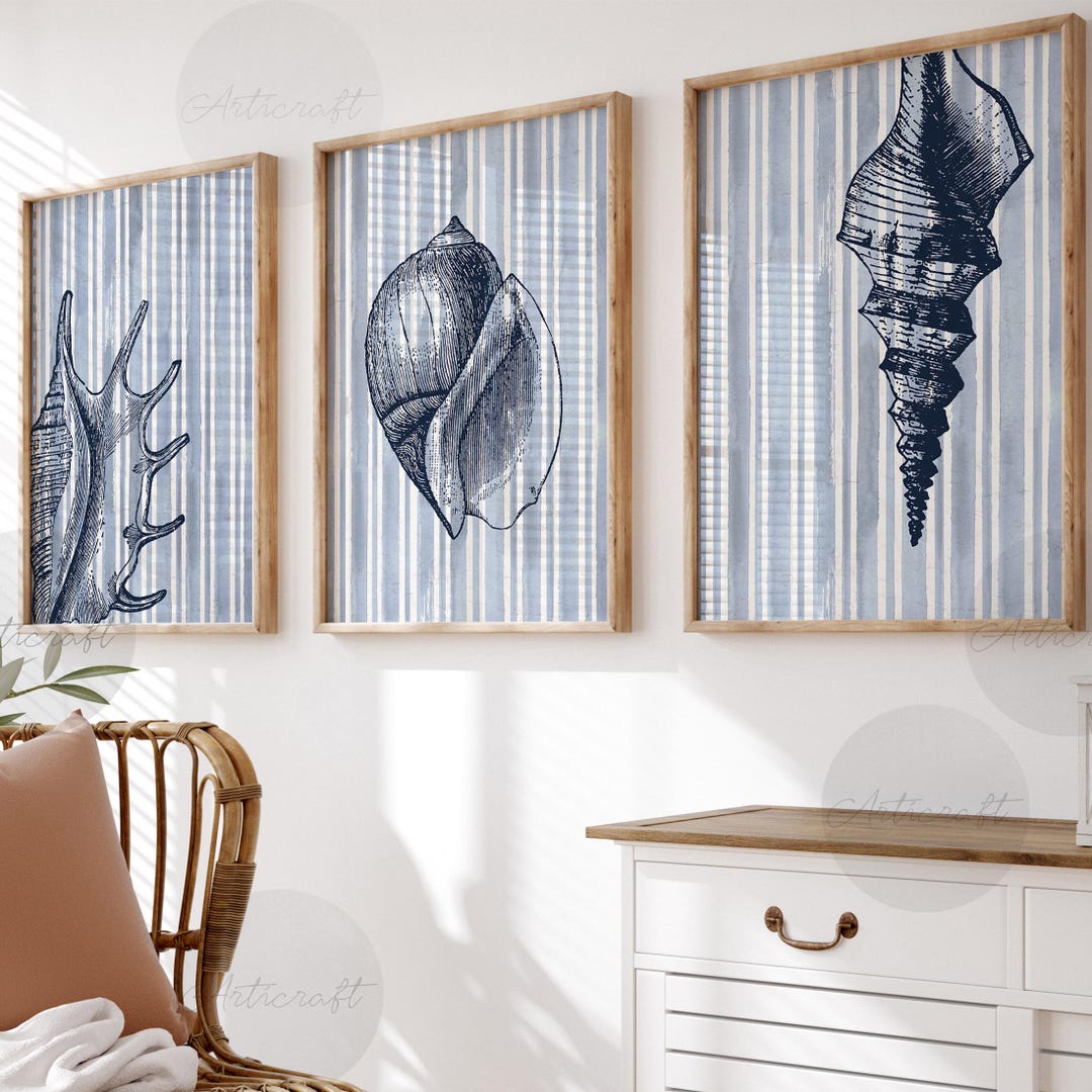 Coastal Print Set of 3 Blue Printable Beach Art, Retro Stripe Seashell ...