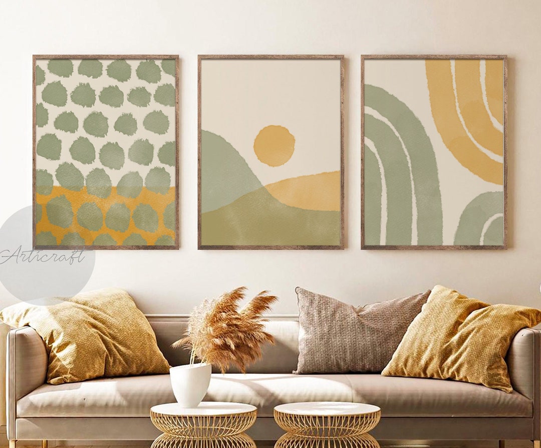 Boho Yellow and Sage Green Print Set of 3, Green Mid Century Modern ...