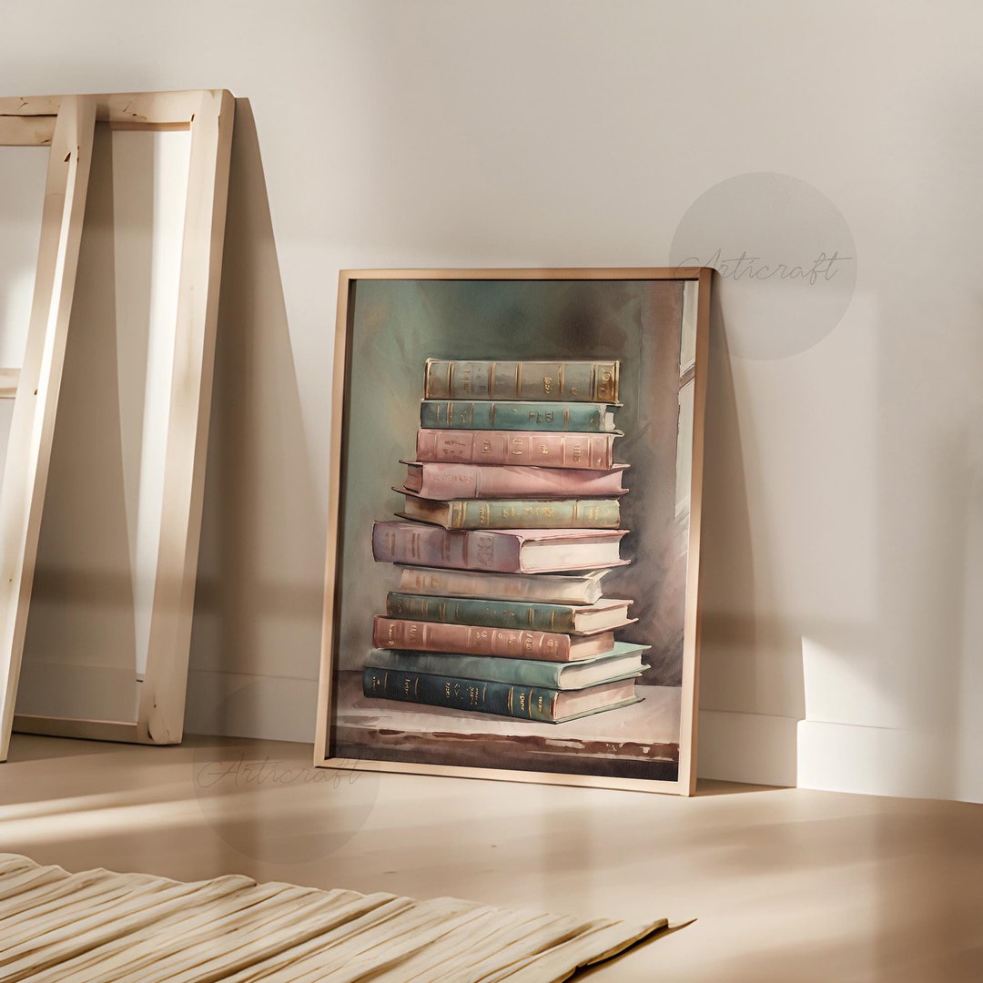 Stack of Books Printable Watercolor Poster, Bookish Print Boho Dorm ...