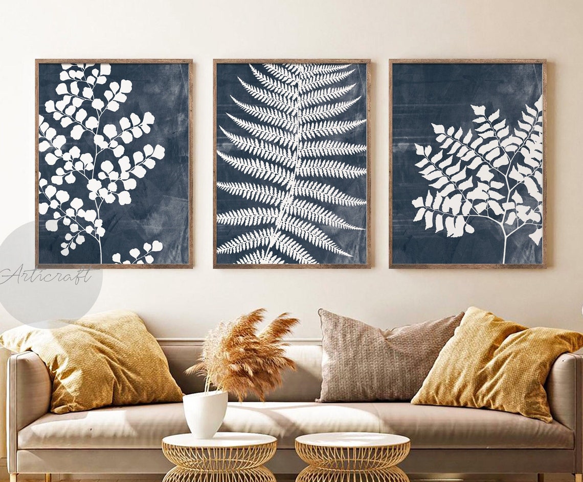 Navy Blue Fern Set of 3 Botanical Gallery Wall Art Boho Navy - Etsy