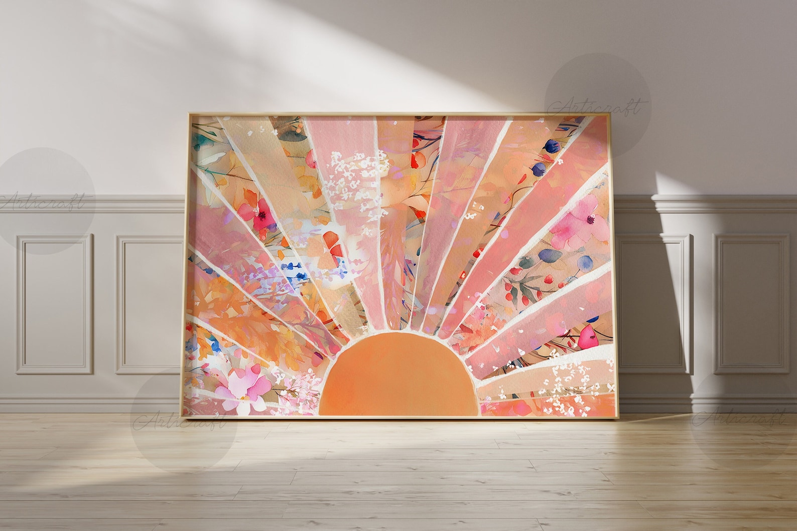 Horizontal Boho Sun Print, Boho Orange & Blush Sun, Watercolor ...