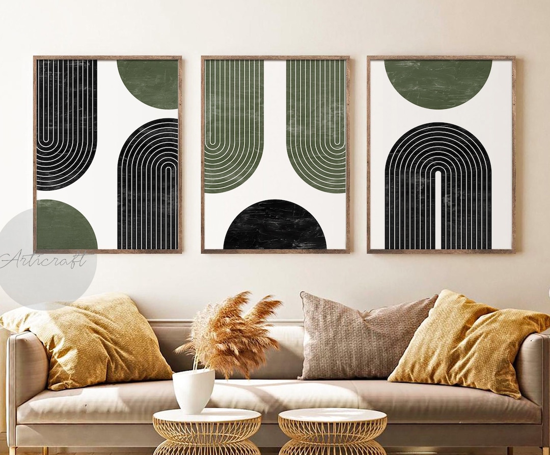 Green and Black Geometric Art Set of 3, Mid Century Modern Art Set ...