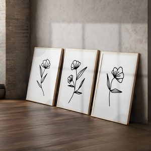 Boho Line Flowers Print Set of 3, Botanical Gallery Wall Art, Minimal ...
