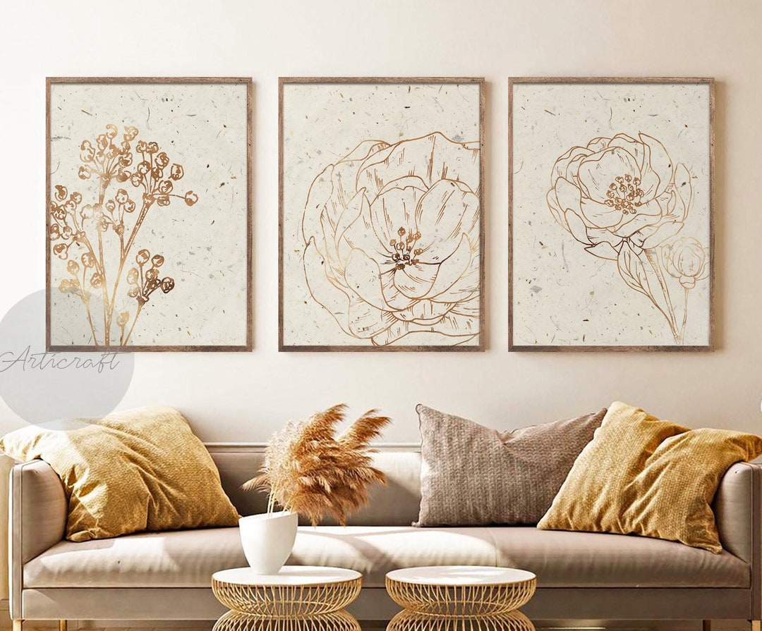 Neutral Botanical Print Set of 3, Gold Line Gallery Wall Art, Flowers ...