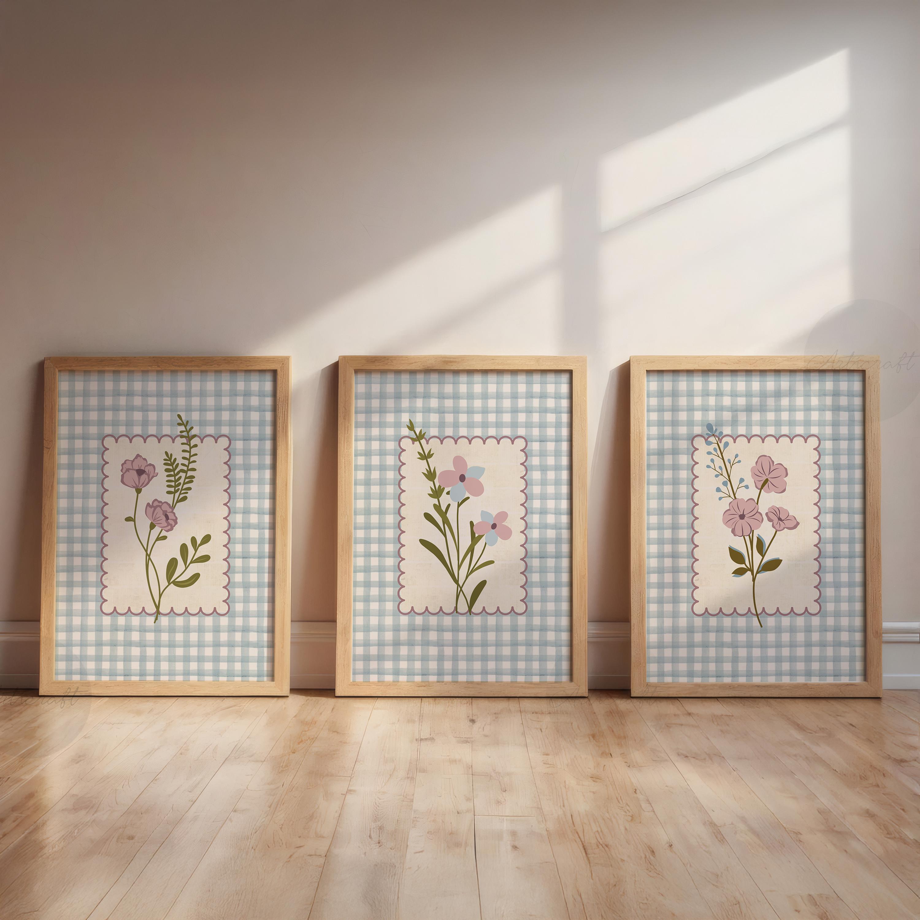 Blue and Pink Gingham Floral Printable 3 Set Retro Flowers Wall Art ...
