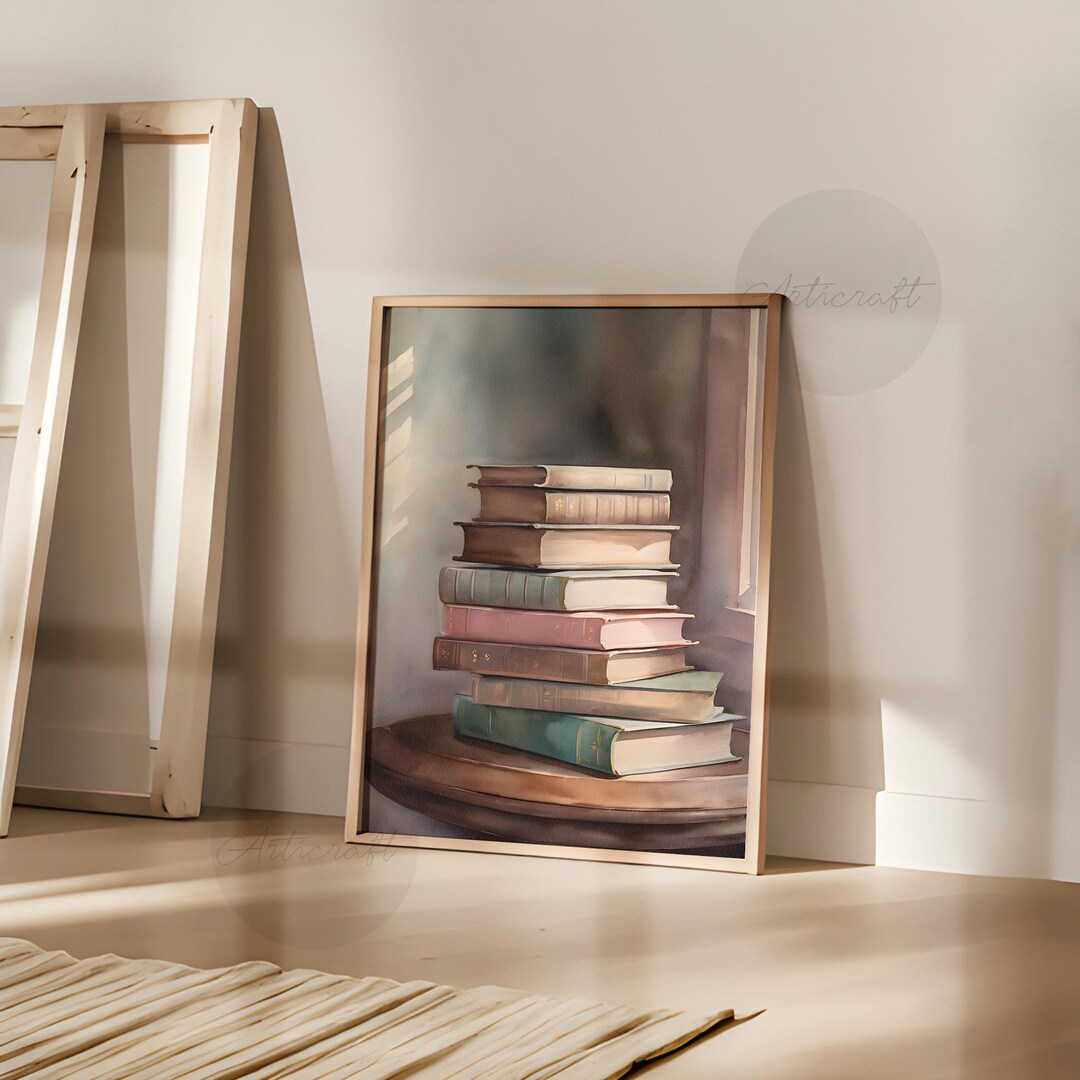 Stack of Books Printable Watercolor Poster, Bookish Print Boho Dorm ...