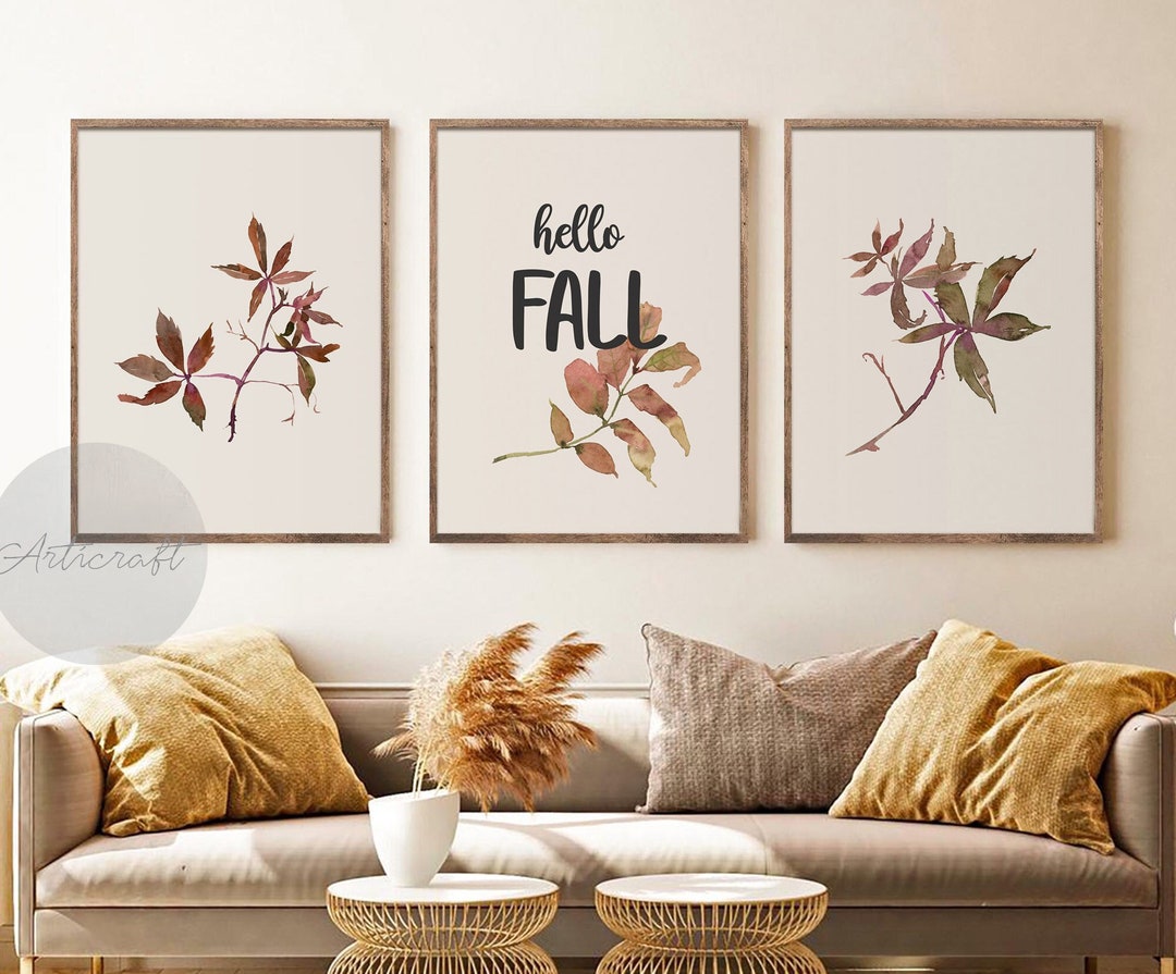 Hello Fall Wall Art, Watercolor Botanical Print Set of 3, Fall Leaves ...