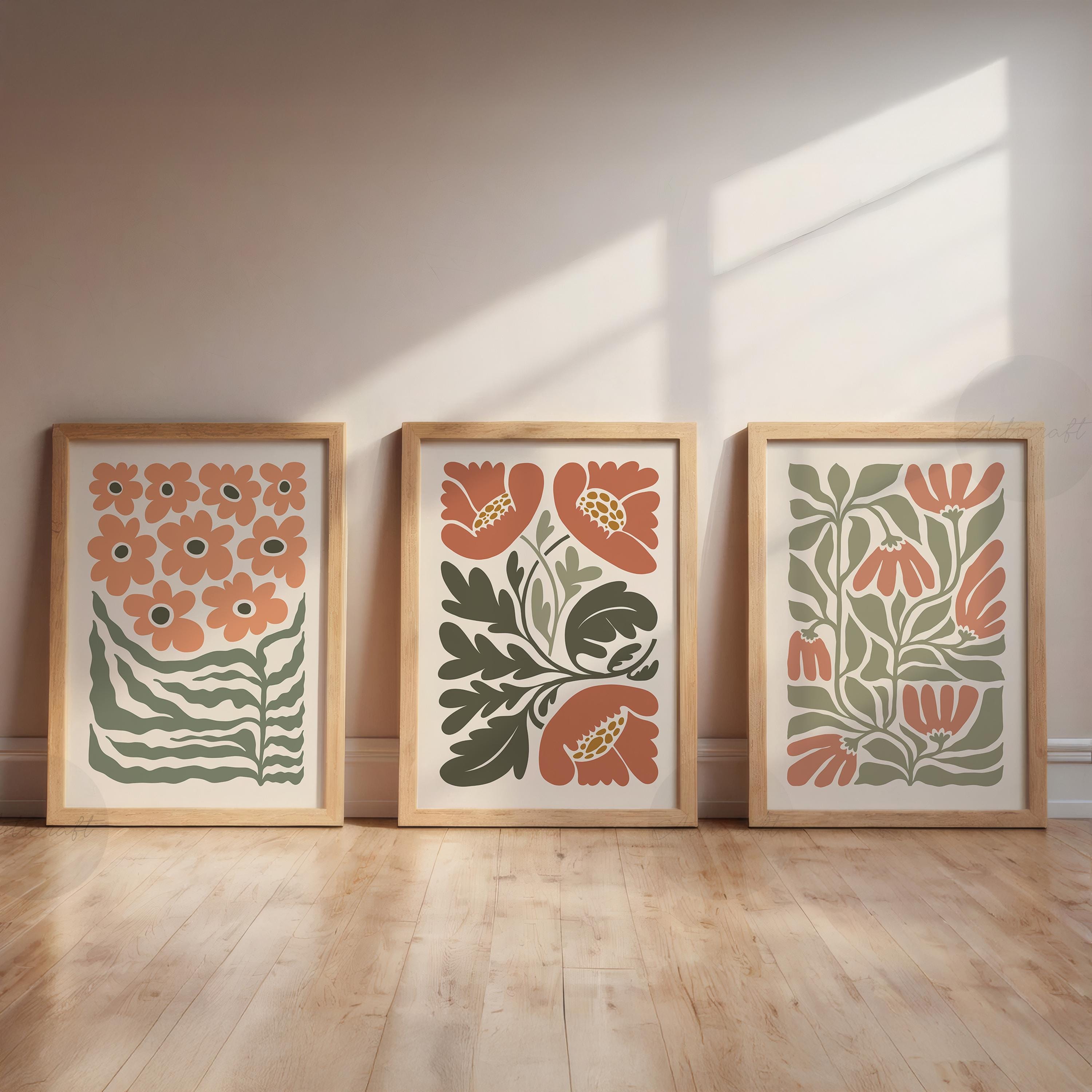 Boho Floral Wall Art Set of 3, Terracotta and Sage Green Abstract ...