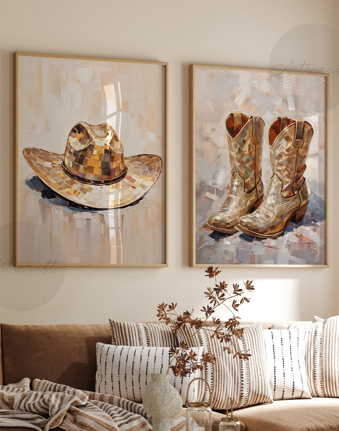 Cowgirl Print Set of 2, Disco Ball Brown Boots, Hat, Retro Preppy ...