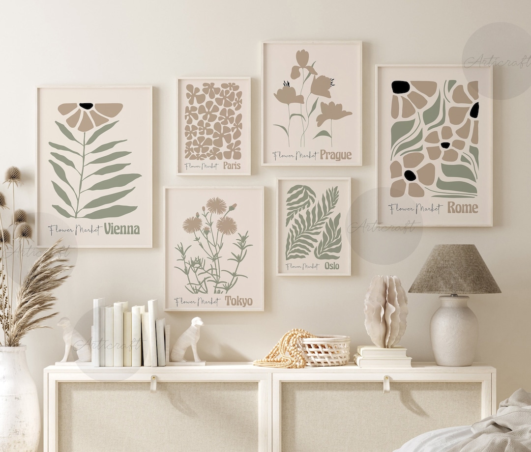 Boho Botanical Print Set of 6, Neutral Beige and Sage Green Wall Art ...