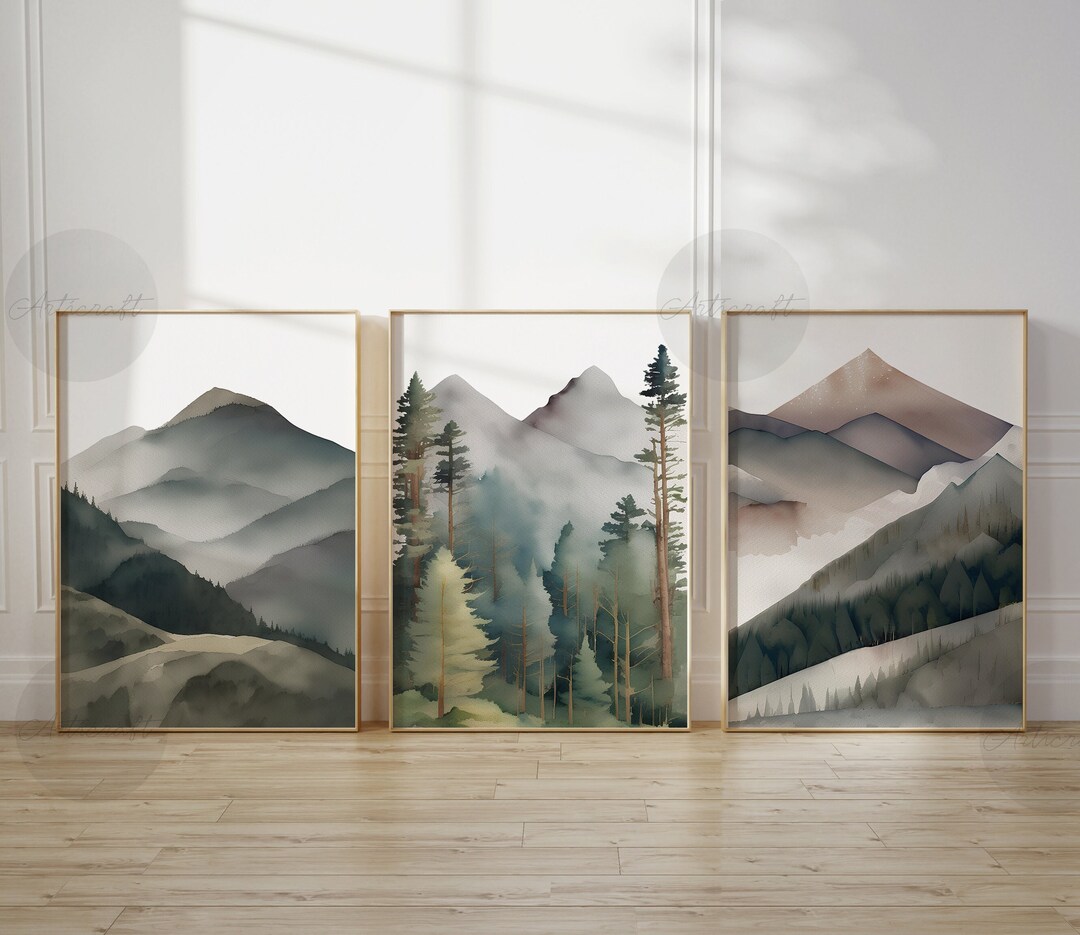 Mountain Print Set of 3, Watercolor Mountain, Abstract Landscape ...