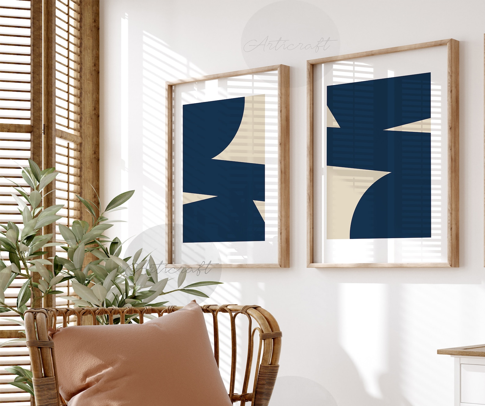 Navy Mid Century Modern Geometric Print Set of 2, Boho Beige and Navy ...