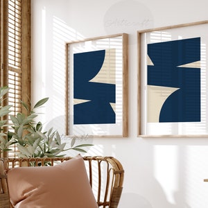 Navy Mid Century Modern Geometric Print Set of 2, Boho Beige and Navy ...