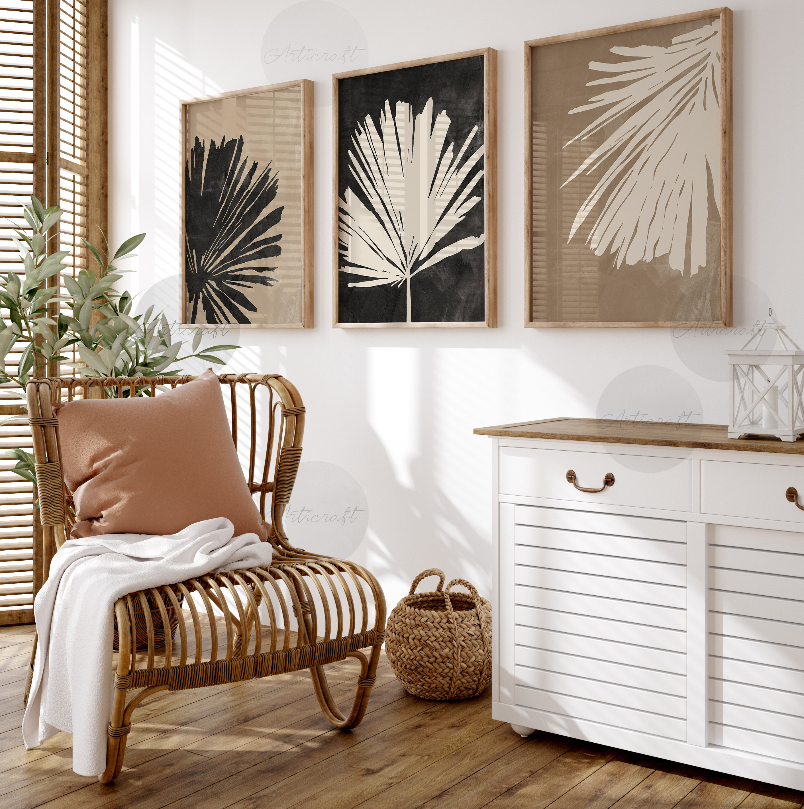Minimalist Botanical Neutral Set of 3 Palm Leaves Prints, Boho Gallery ...