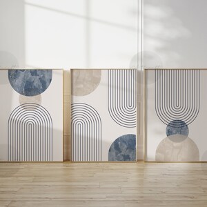 Mid Century Modern Geometric Art Set of 3 Prints, Beige and Navy Blue ...