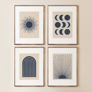 Mid Century Modern Print Set of 4, Sun and Moon Phases Art, Printable ...