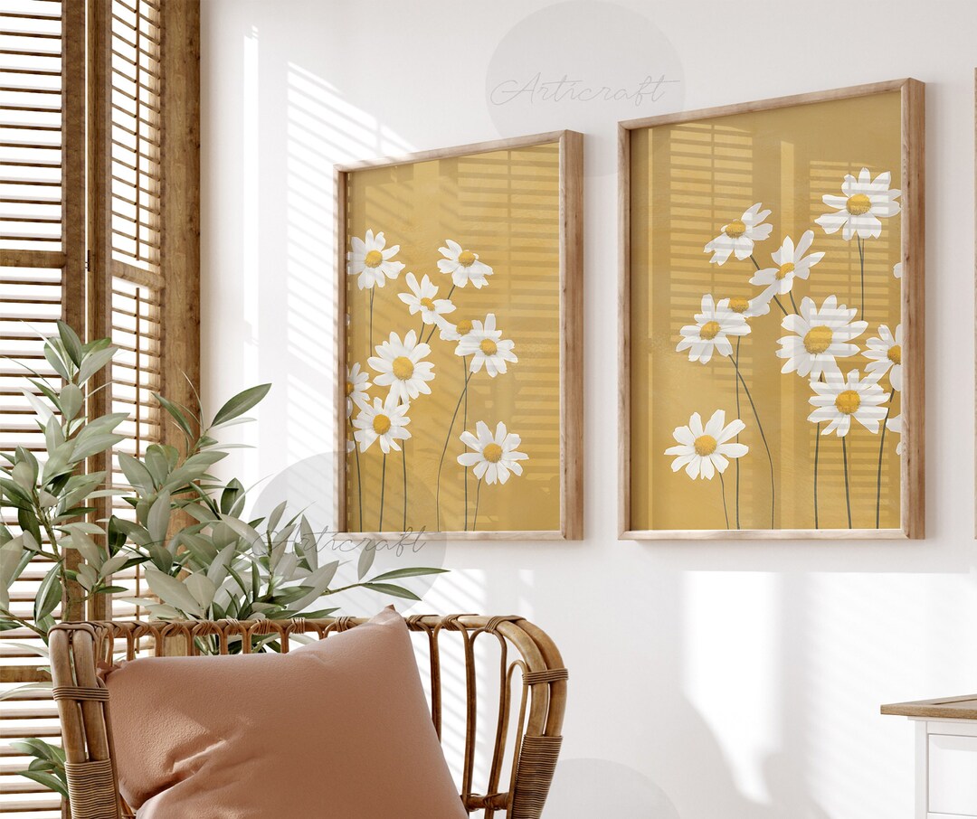 Daisy Print Set of 2, Digital Cottagecore Nature Art, Yellow Farmhouse ...