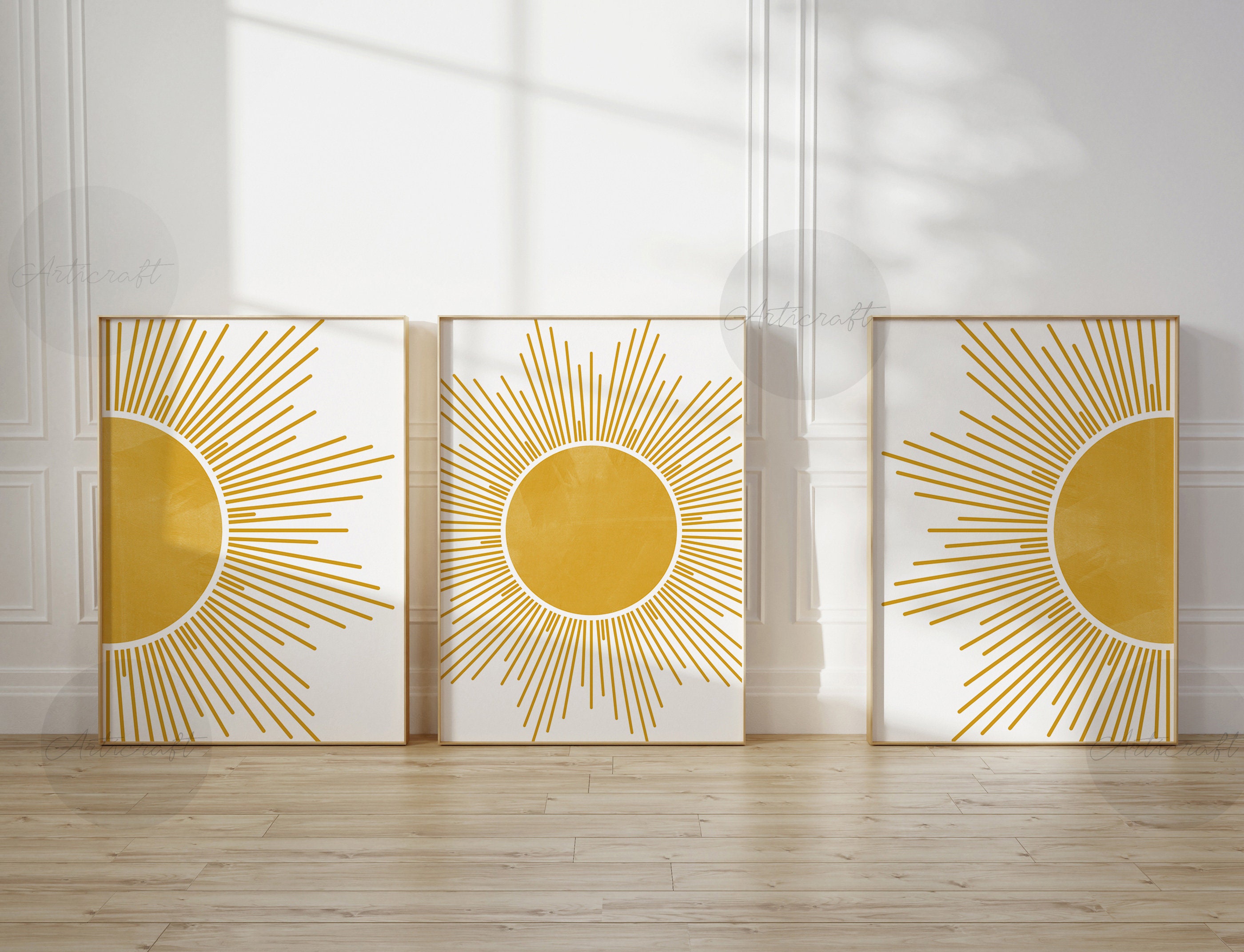 Yellow Sun Print Set of 3 Mid Century Modern Geometric Sun - Etsy