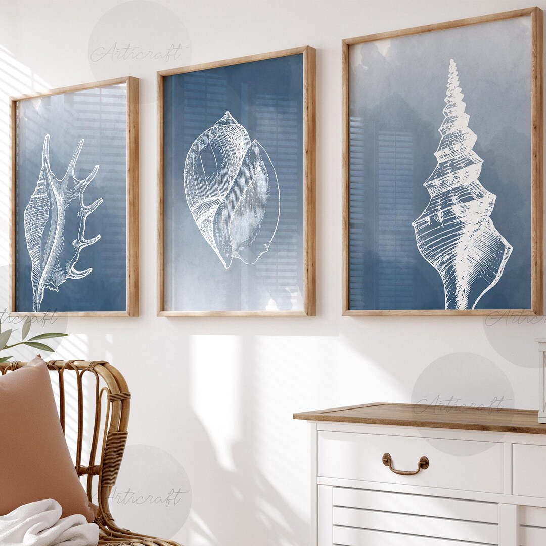 Coastal Print Set of 3 Blue Printable Beach Art, Seashell Wall Decor ...