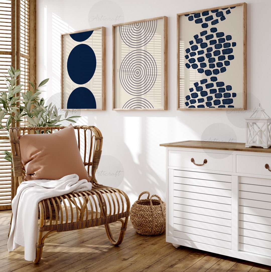 Navy Mid Century Modern Geometric Print Set of 3, Boho Beige and Navy ...