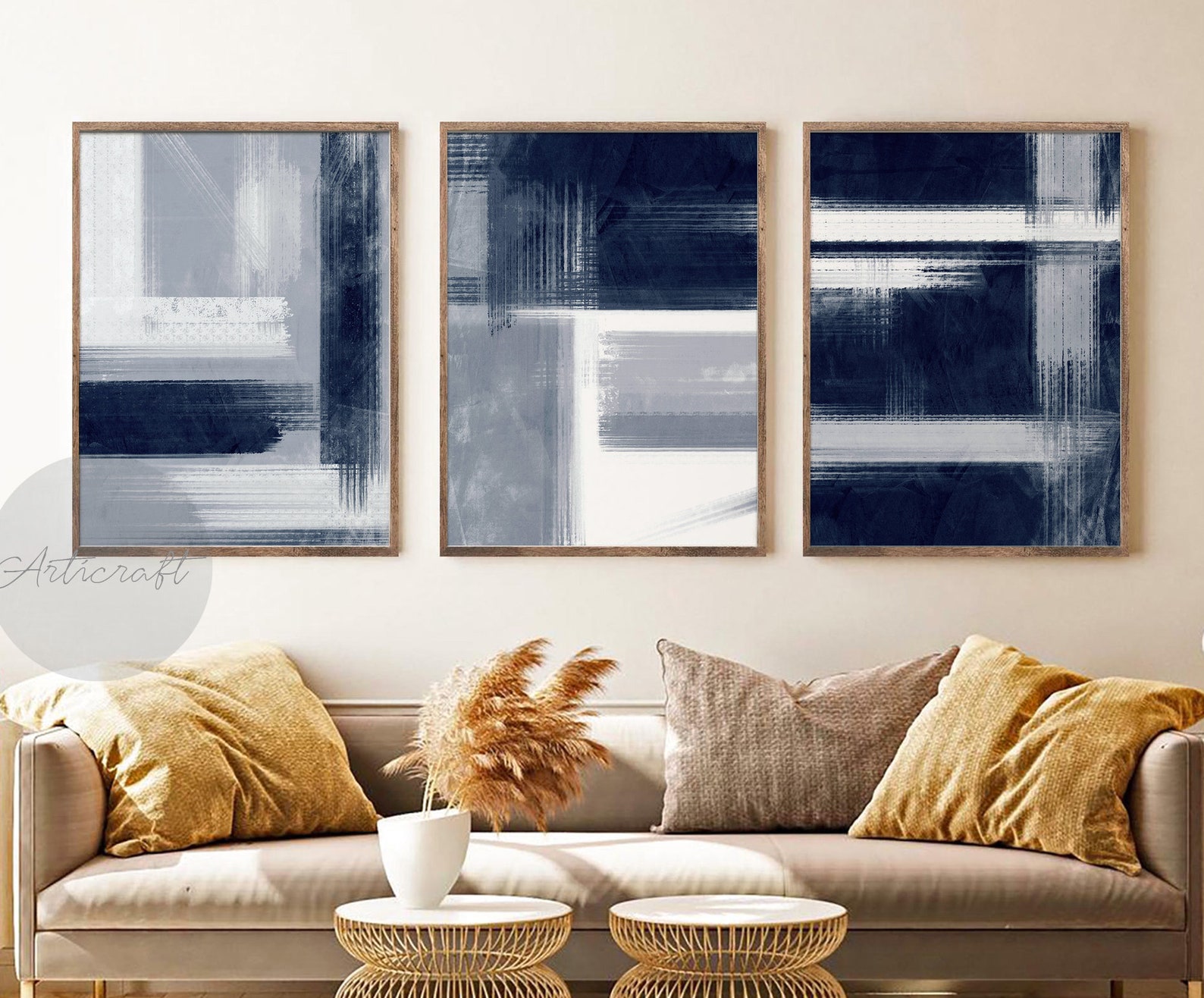 Navy Blue Abstract Art Modern 3 Piece Art Set Painting - Etsy