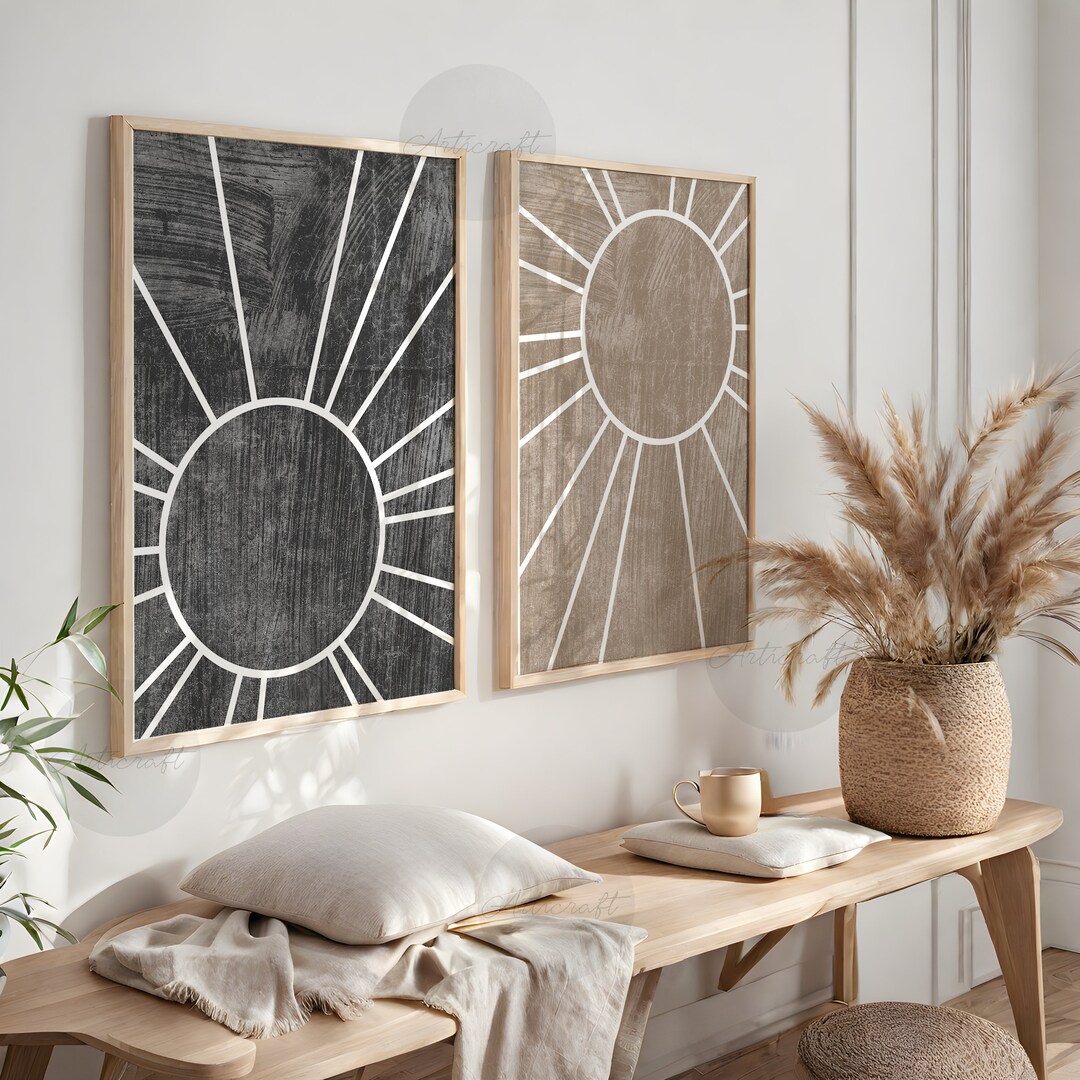 Sun Print Set of 2, Mid Century Neutral Prints, Boho Geometric Abstract ...