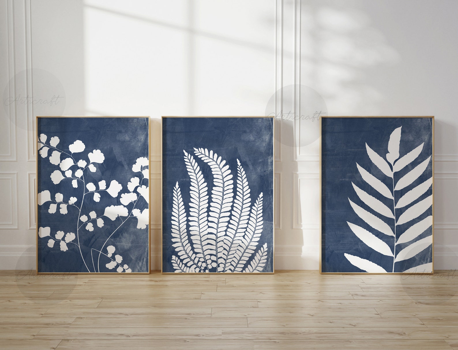 Navy Blue Fern Set of 3 Botanical Gallery Wall Art Boho Navy - Etsy
