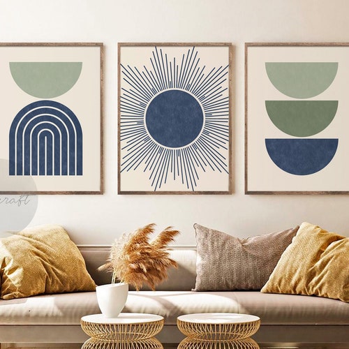Navy Blue Mid Century Modern Geometric Art Set of 3 Prints - Etsy
