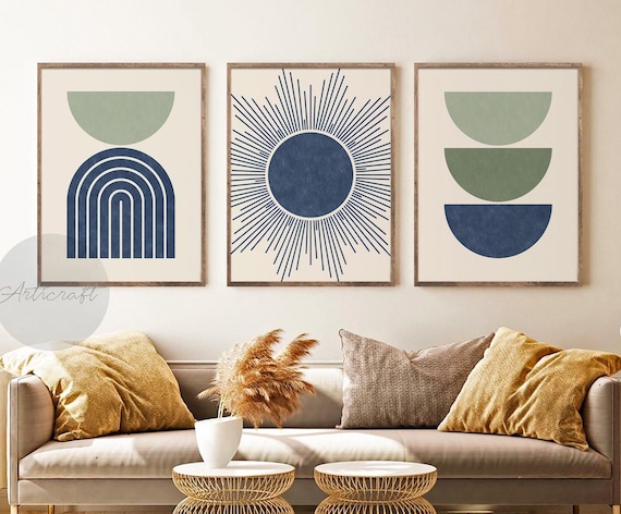 Mid Century Modern Art Set of 3 Prints Sage Green & Navy Blue - Etsy