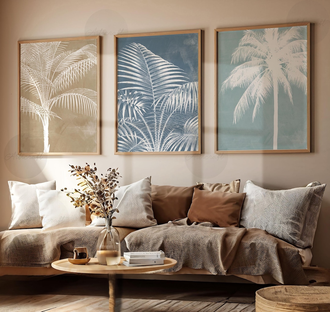 Abstract Palm Tree Print Set of 3, Printable Tropical Art, Beige, Blue ...