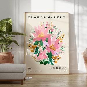 Flower Market London Poster, Pink Flower Prints, Plant Wall Art, Boho ...