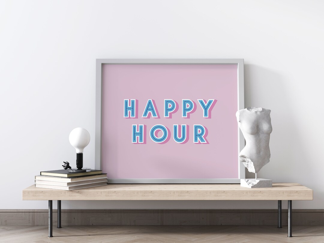 Pink Happy Hour Kitchen Bar Drinks Quote Print Design Drinks Print ...
