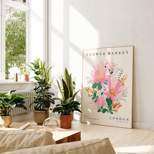 Flower Market London Poster, Pink Flower Prints, Plant Wall Art, Boho ...