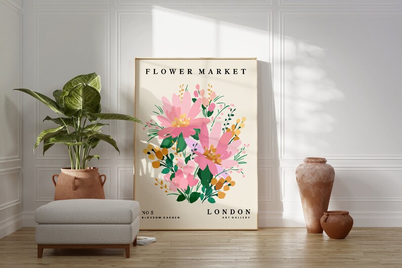 Flower Market London Poster, Pink Flower Prints, Plant Wall Art, Boho ...