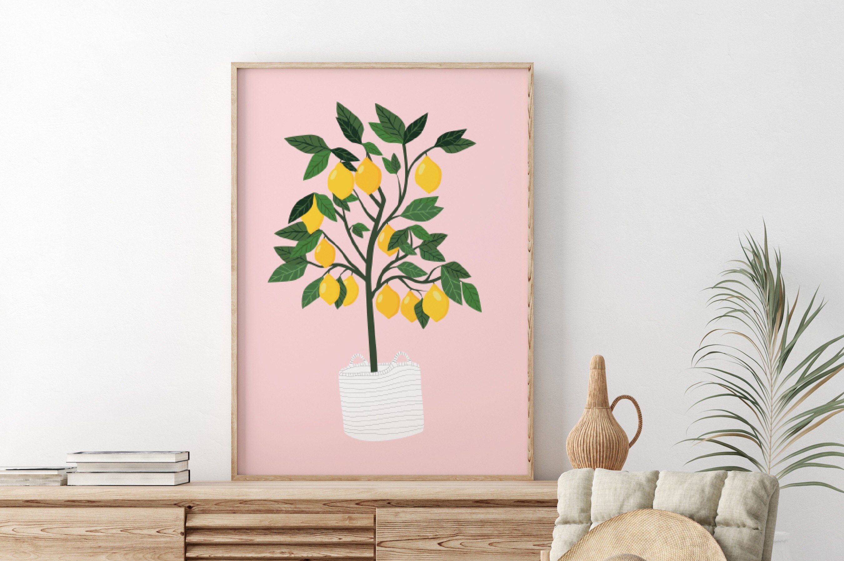 Pink Lemon Tree Print, Gallery Wall, Minimalist Art, Lemon Art, Citrus ...