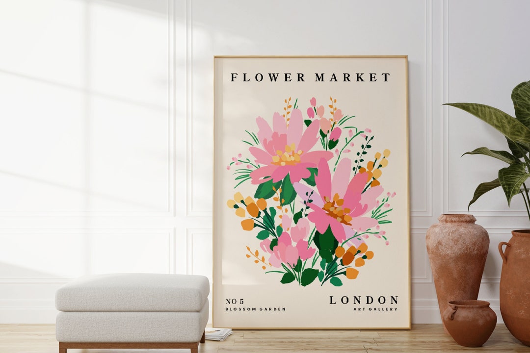Flower Market London Poster, Pink Flower Prints, Plant Wall Art, Boho ...
