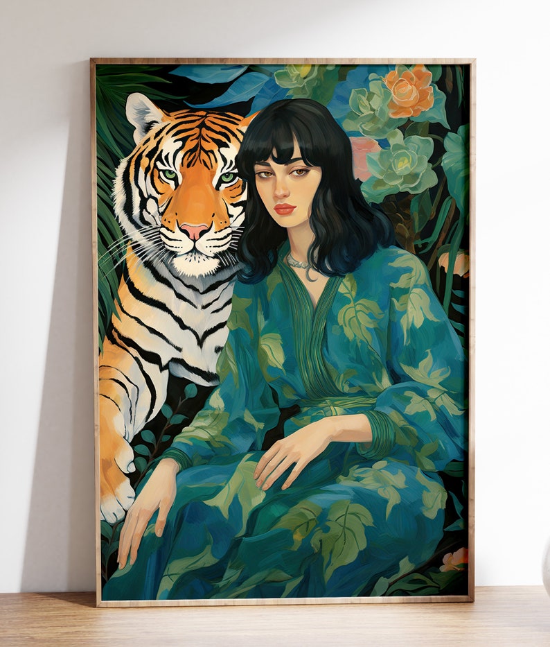 Woman and Tiger Print, Jungle Poster, Wildflowers, Botanical, Nature ...