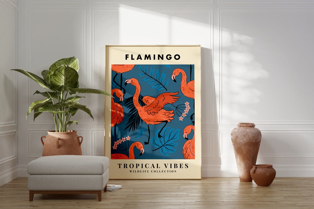 Pink Flamingo Tropical Vibes Print, Boho Home Decor, Animal Wall Art ...