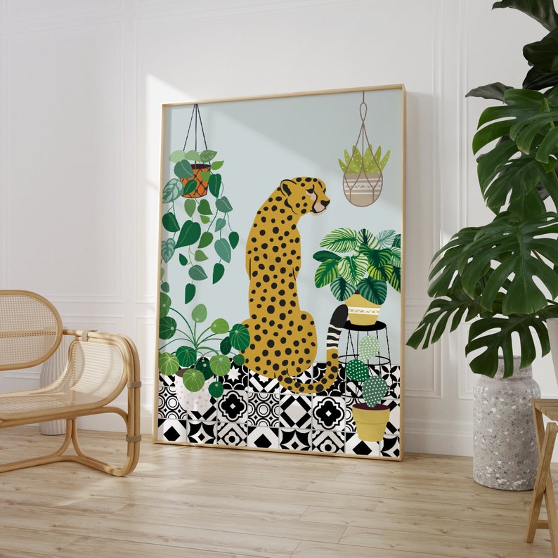 Leopard and Colourful Plant Print Boho Home Decor Animal - Etsy