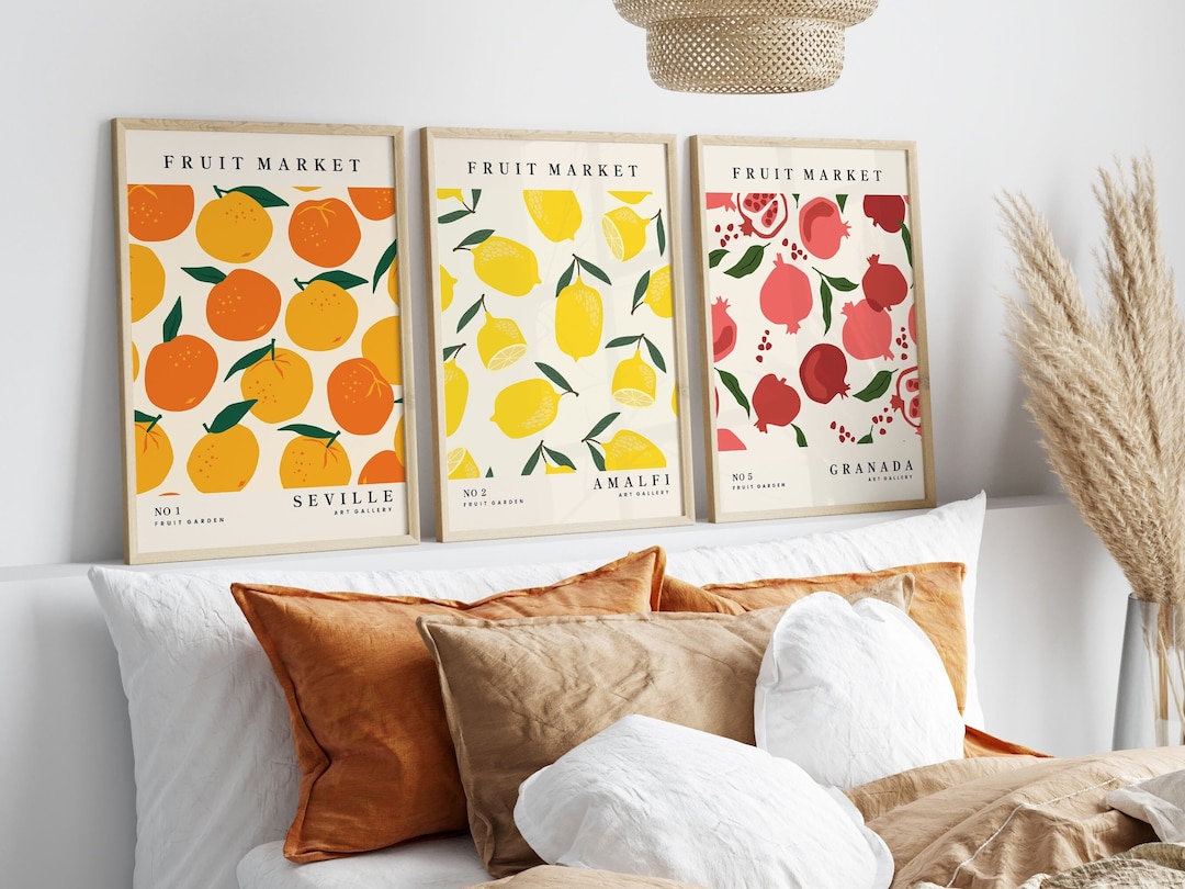 Set of 3 Fruit Kitchen Prints, Citrus Wall Art, Colourful Fruit Market ...