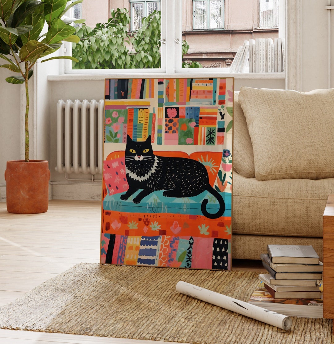 Cat Sitting on the Sofa Print, Colourful Poster, Gift for Animal Lovers ...
