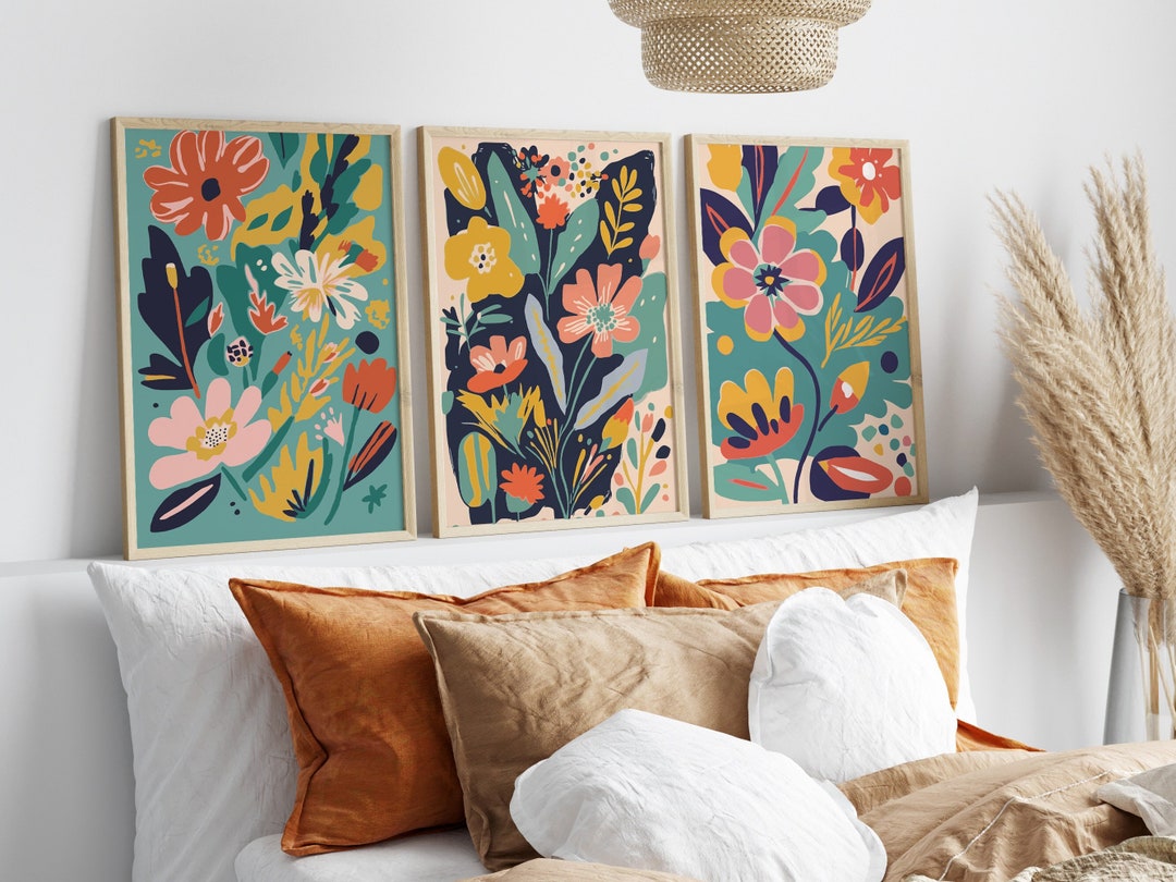 Set of 3 Abstract Flower Prints, Colourful Wall Art, Modern Posters ...