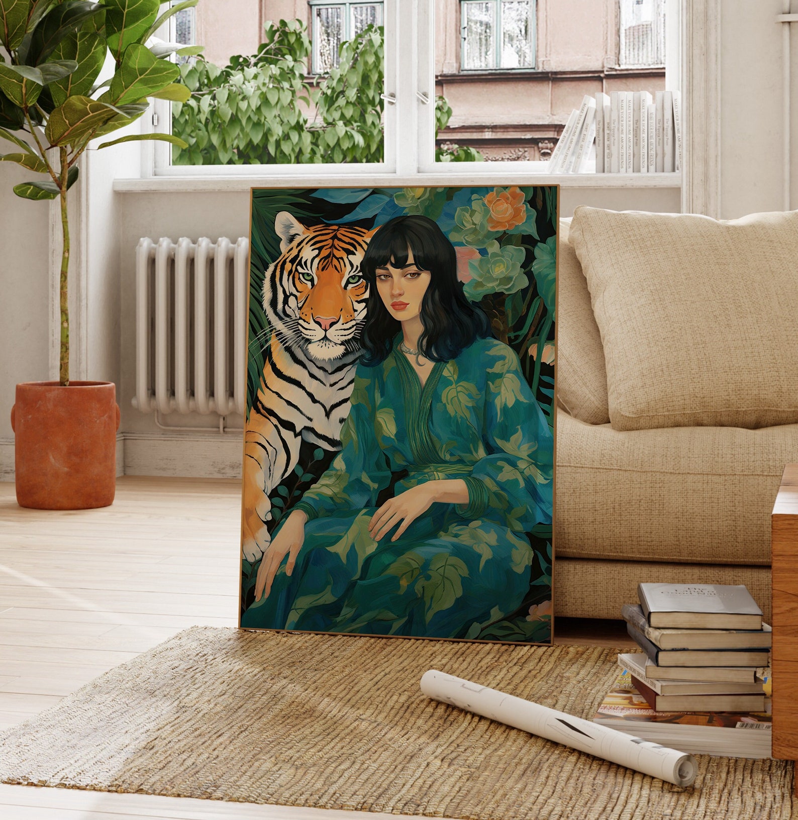 Woman and Tiger Print, Jungle Poster, Wildflowers, Botanical, Nature ...