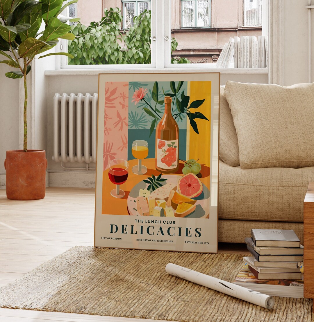 Colourful Lunch Food Print, Wine, Fruit and Cheese Art, Kitchen Wall ...