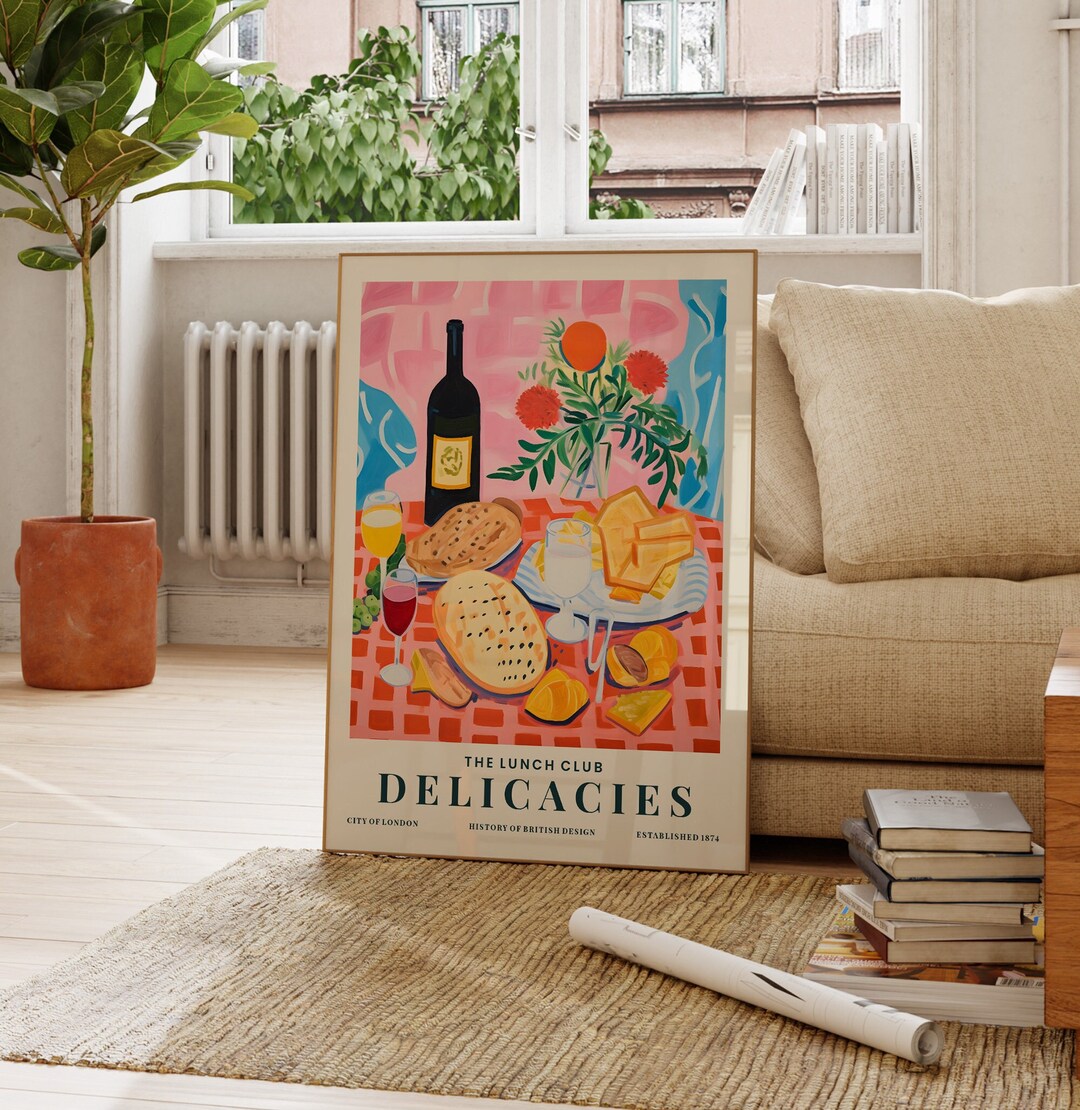 Wine and Bread Food Print, Pink Kitchen Wall Poster, Flowers, Colourful ...