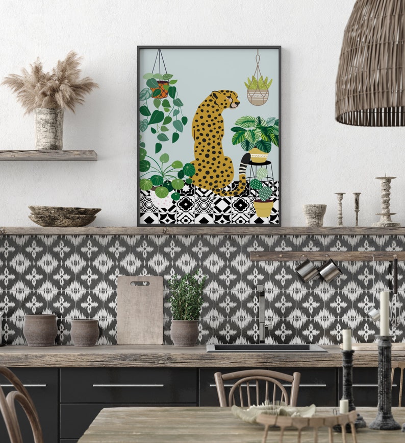 Leopard and Colourful Plant Print Boho Home Decor Animal | Etsy
