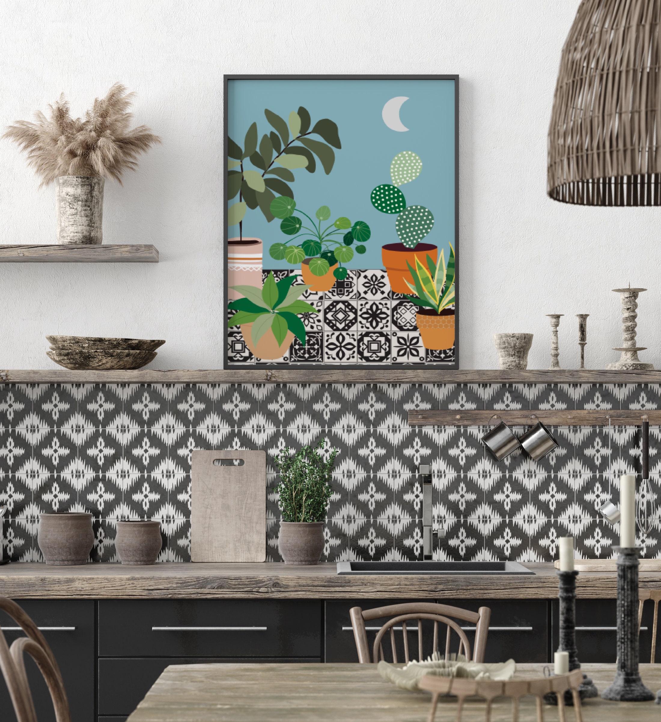 Plants and Moon Print Colourful Home Decor Yellow Wall Art | Etsy