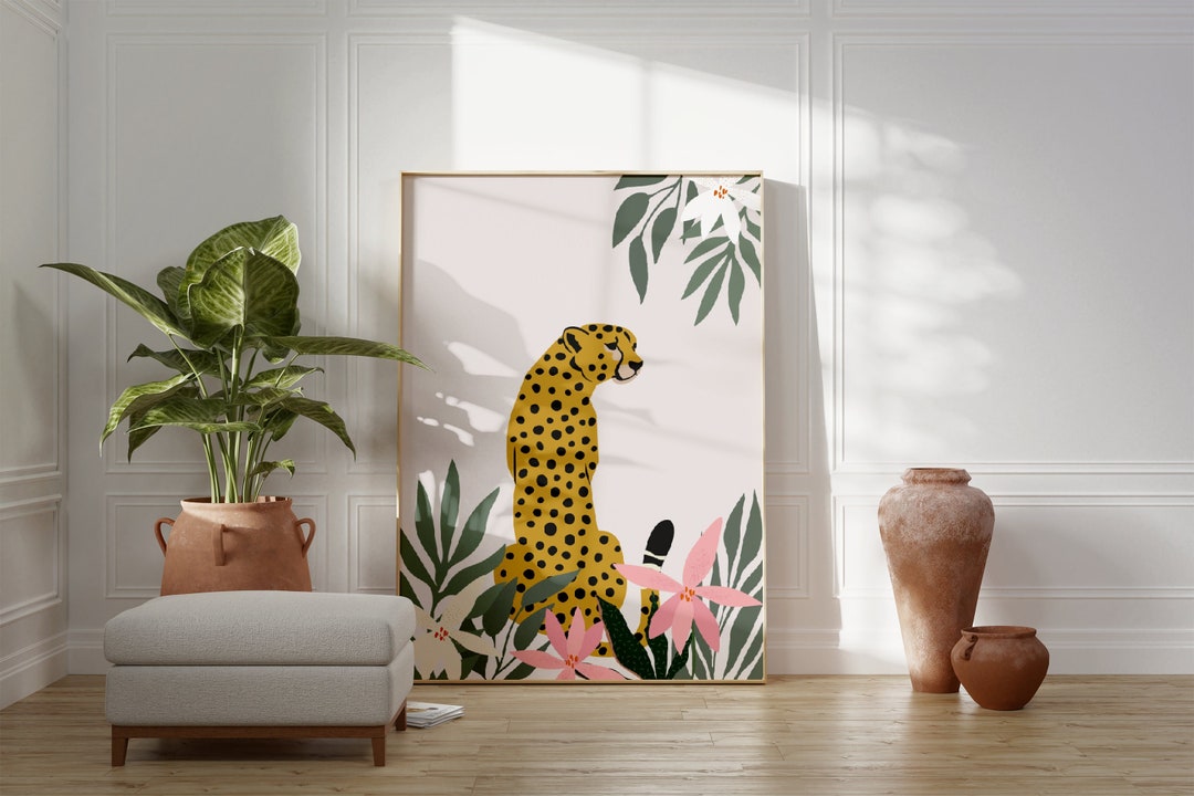 Leopard and Flowers Jungle Print | Boho Home Decor, Animal Wall Art ...